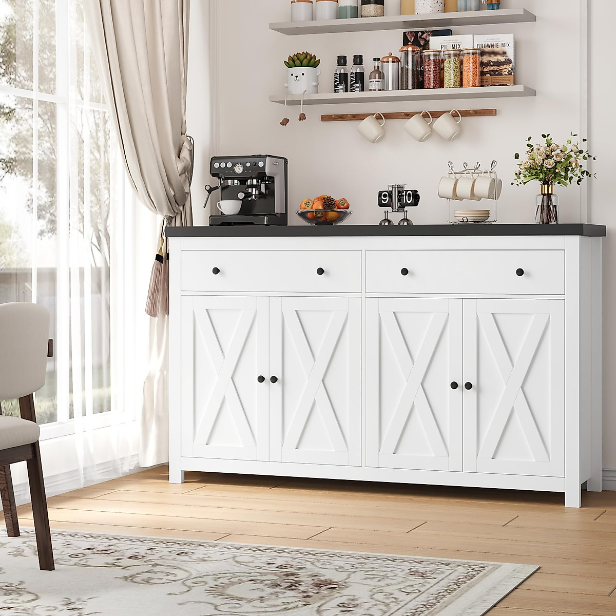 FOTOSOK Sideboard Buffet Cabinet with Storage, 55" Large Kitchen Storage Cabinet with 2 Drawers and 4 Doors, Wood Coffee Bar Cabinet Buffet Table for Kitchen Dining Room, White and Black