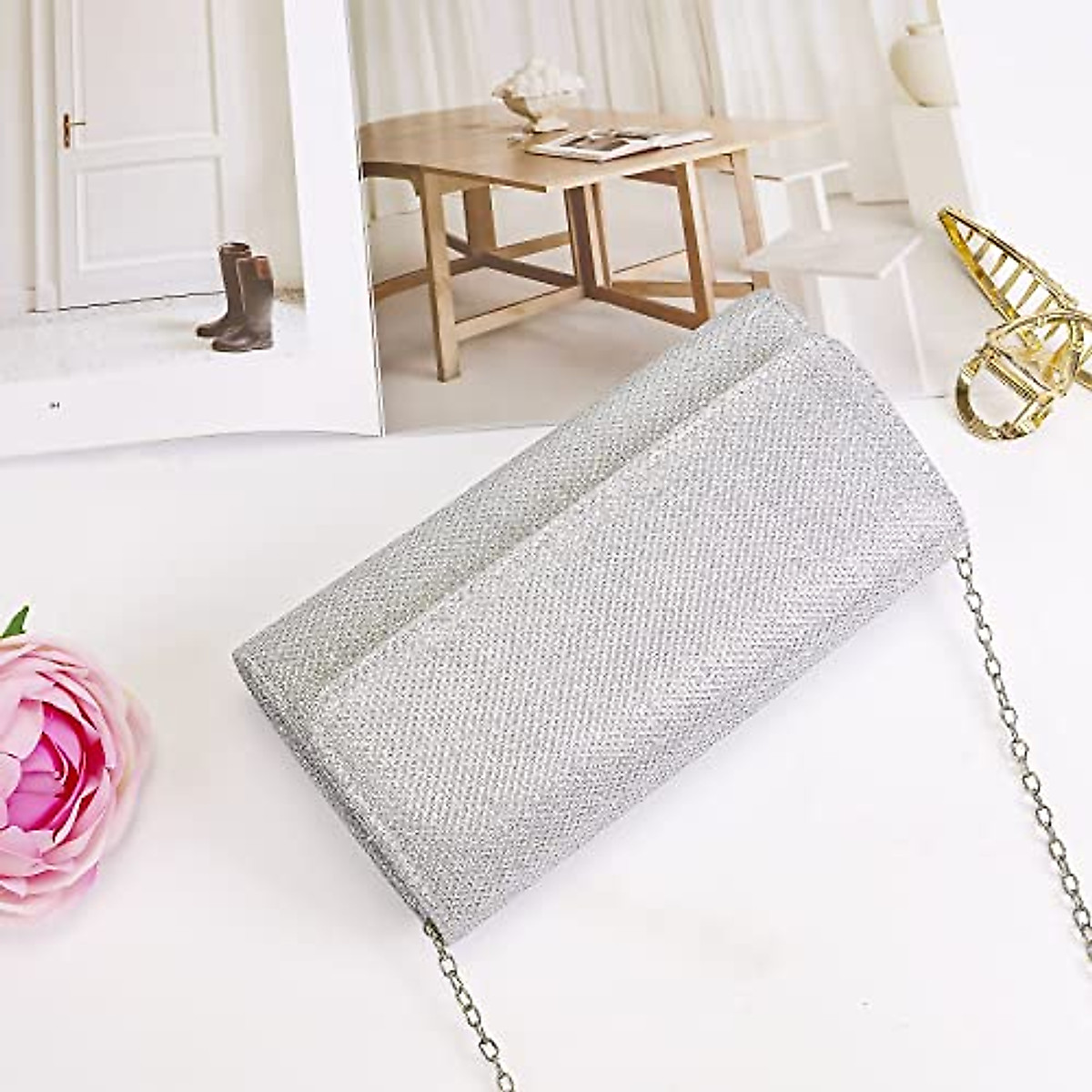 Larcenciel Clutch Purses for Women, Shiny Sequin Envelope Clutch Evening Bag w/Chain, Fashion Shoulder Crossbody Handbags, Elegant Party Prom Purse Bride Wedding Guest Clutch Dress Carry on Bag-Silver