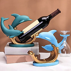Kelendle Dolphin Wine Bottle Holder with Glass Storage Resin Tabletop Wine Storage Rack Decorative Wine Bottle Didplay Stand Shelf for Kitchen Bar Cabinets Decoration Blue