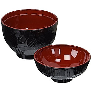 JapanBargain 1904x2, Set of 2 Miso Soup Bowl with Lid Japanese Rice Bowl Traditional Plastic Lacquered Black and Red Bowl Made in Japan