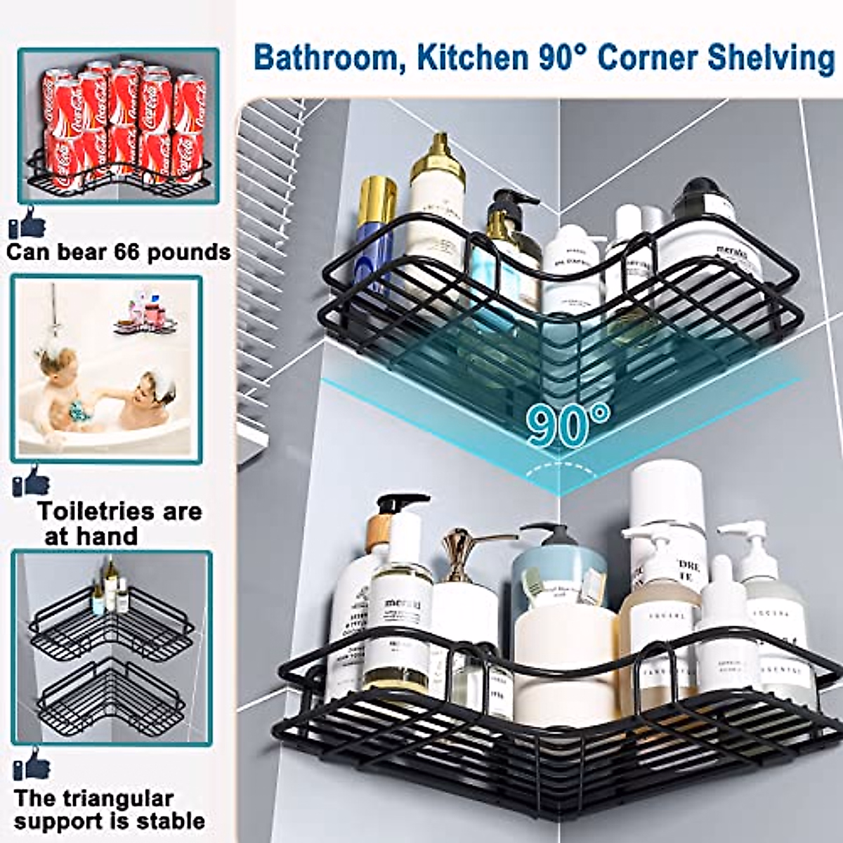 Homeve Corner Shower Caddy, 3 Tier Organizer Shelf with Adhesive Hooks and Soap Dish, No Drilling, RustProof, Heart shape Basket Shelves for Bathroom and Kitchen Corner Storage Accessories (Silver)