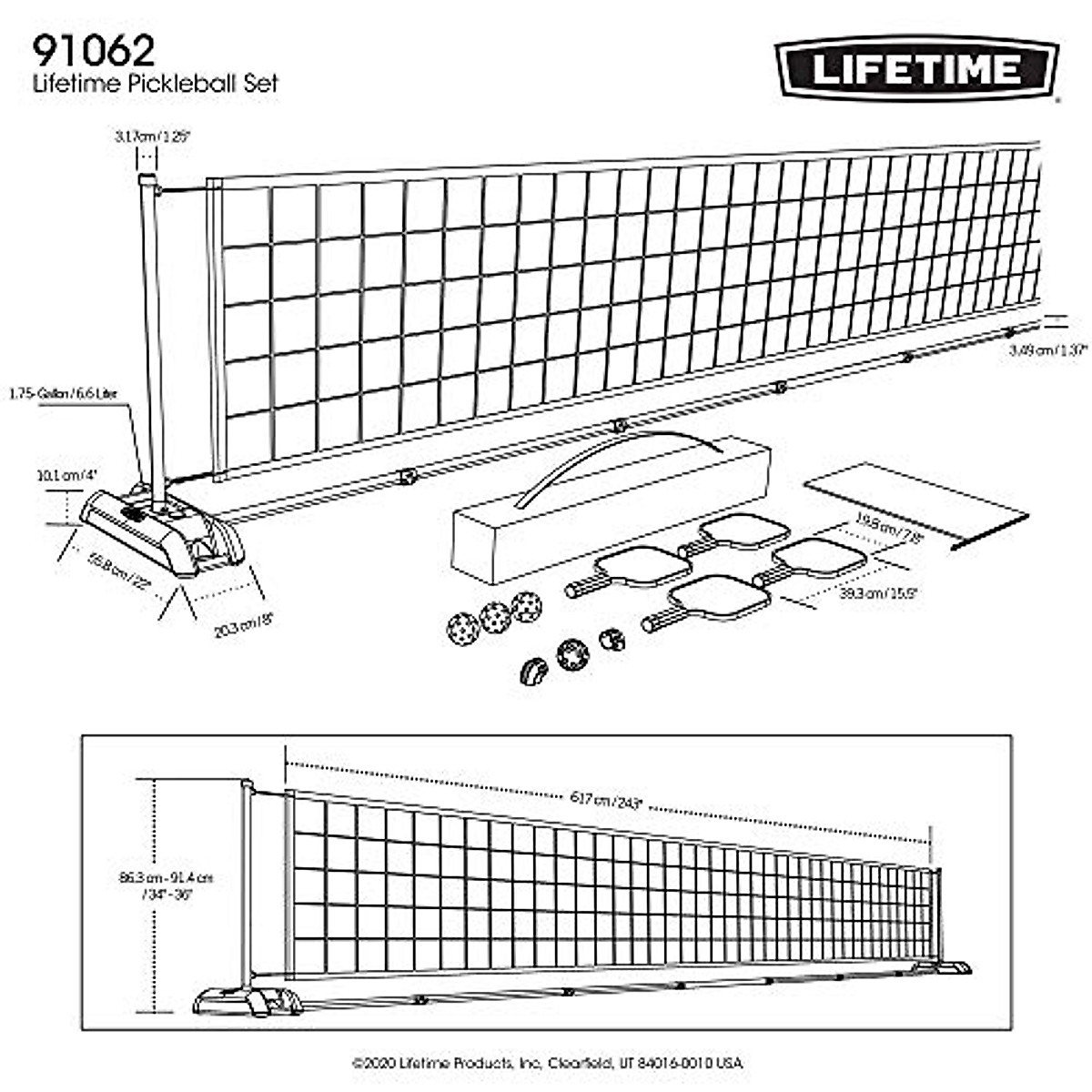 Lifetime Pro Pickleball Set – Includes Pickleball Net, 4 Paddles, 3 Outdoor Pickleballs, 1 Indoor Pickleball, 2 Portable Bases, Steel Poles, Paddle Bag, and Bag for Complete Set