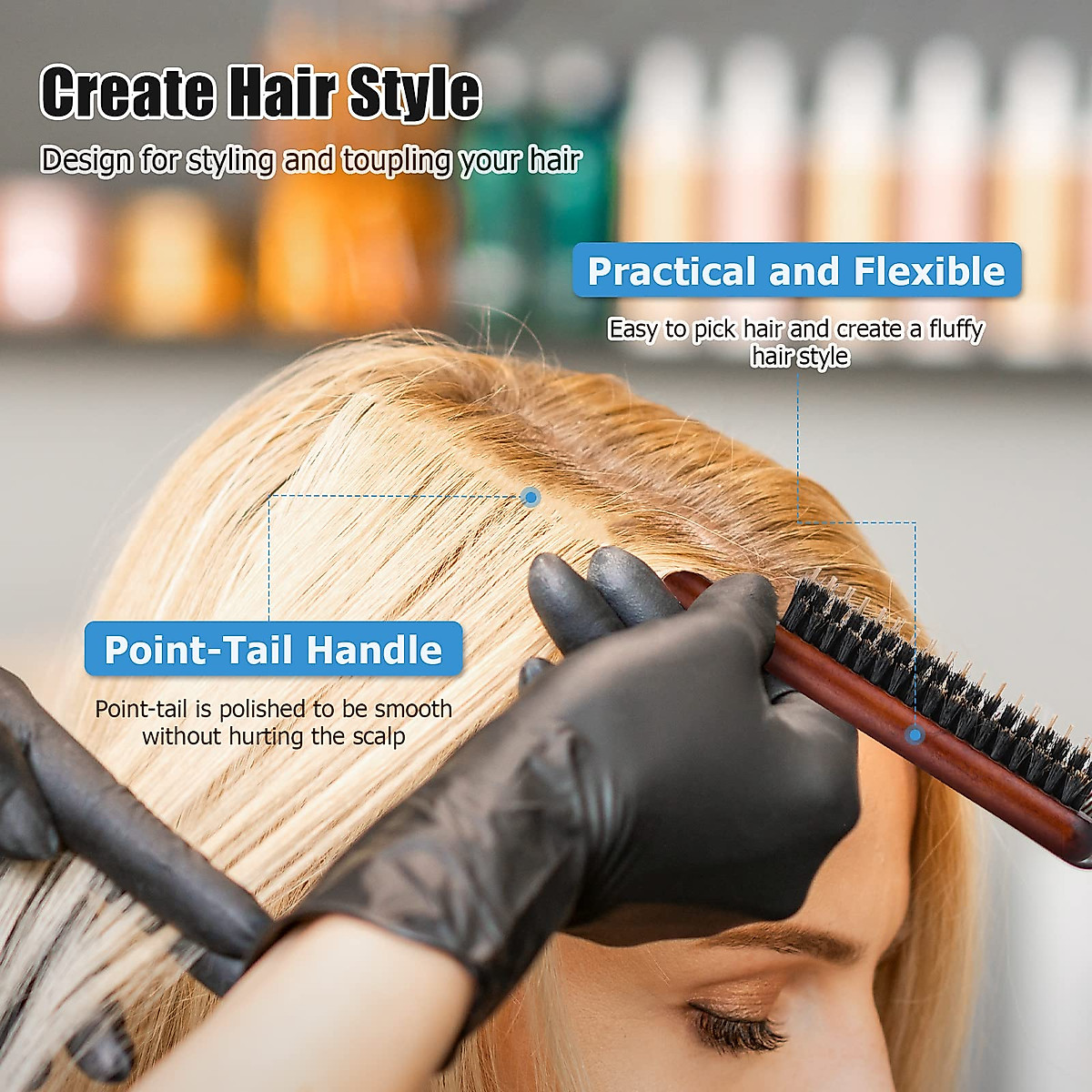 Teasing Brush, Nylon Boar Bristle Curl Training Teasing Hair Brush for Women with Rat Tail Handle Comb for Thin Thick Hair to Create Volume and Smooth