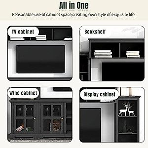 Mid-Century Entertainment Wall Unit for Living Room with Storage Bridge, TV Stand for 60 65 Inch TVs, Wood TV Media Console Table with Shelves, Gaming Entertainment Center with Bookshelves, Black