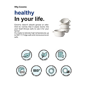 LE TAUCI Soup Bowls with Handles, 20 oz French Onion Soup Crocks, Stackable Soup Bowl Oven Safe for Chili, Beef Stew, Embossment Ceramic Bowl Set - 5.4 Inch, Set of 4, Arctic White