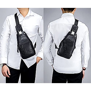 BULLCAPTAIN Genuine Leather Men Sling Crossbody Bag Chest Bags Travel Hiking Shoulder Backpack (Black)