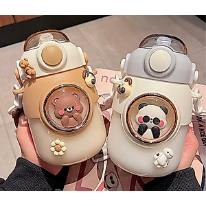 JHTPSLR Large Kawaii Capsule Water Bottle with Straw and Strap 28oz Cute Panda Figurines Water Bottle for Kids Teen Girls School Sports Portable Water Bottle with Handle Leakproof Lid (White Panda)