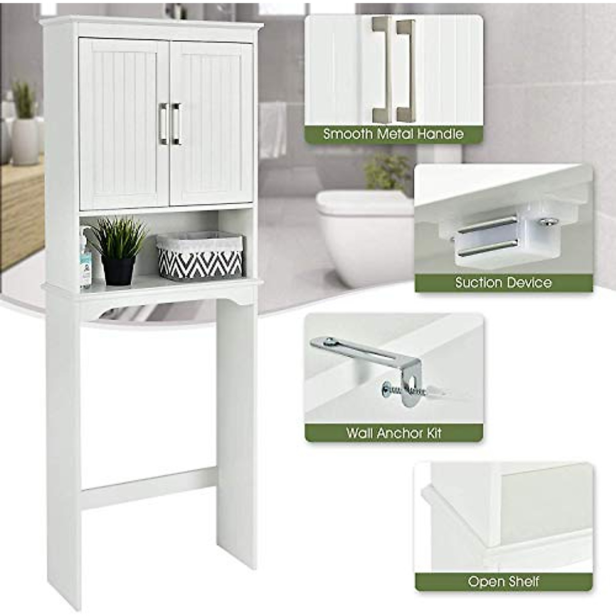 Nightcore Bathroom Storage Rack Over The Toilet, Toilet Organizer with a Open Space, Space Saver Cabinet, Sturdy and Durable Bathroom Shelf, White