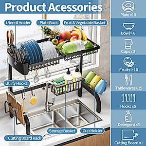 Urackify Over The Sink Dish Drainer Drying Rack, Adjustable (25.19"-37.4") Over Sink Dish Drying Rack, Extra Large Extendable Dish Rack Above Kitchen Sink, 2 Tier Dish Strainer with Storage Basket