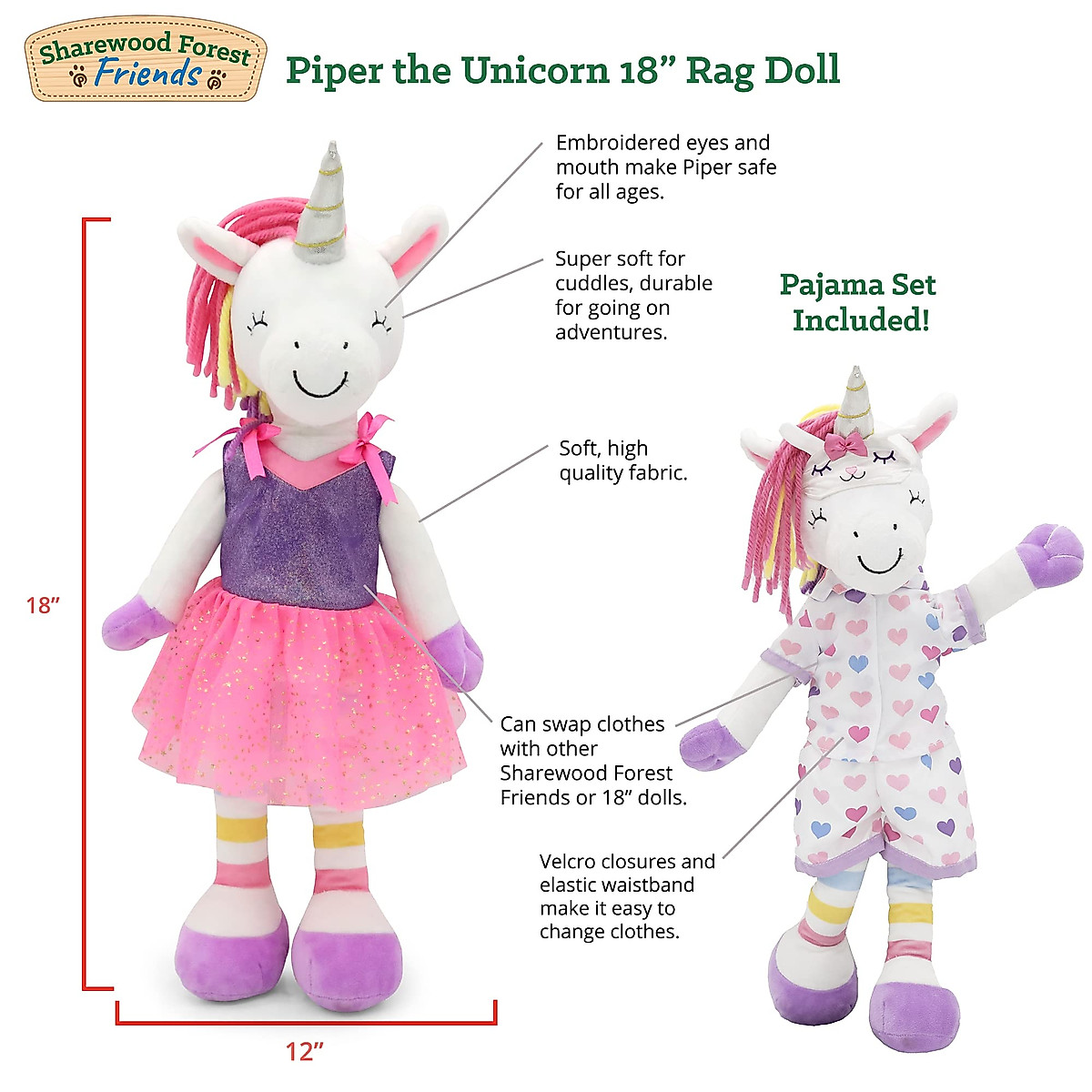 PLUSHIBLE BRIDGING MILES WITH SMILES Soft Baby Doll Unicorn - Plush Rag Doll with 2 Clothing Sets, My First Plush for Girls, Babies & Infants, Soft Baby Stuffed Toy - White Or Cream, 18" Unicorn