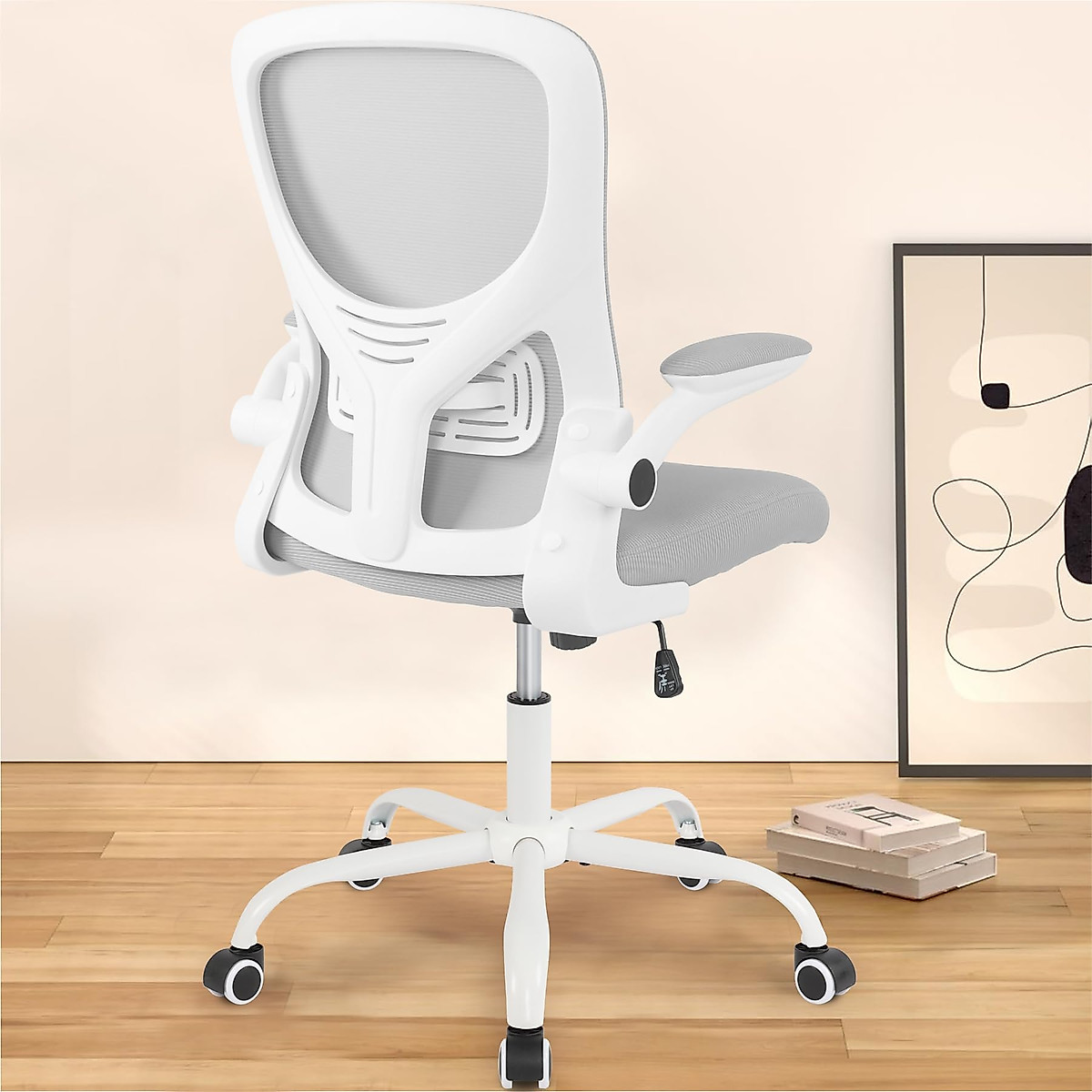 Hyrestii Home Office Chair Ergonomic Desk Chair with Lumbar Support, Breathable Mid-Back Comfortable Mesh Computer Chair with PU Silent Wheels, Flip-up Armrests, Tilt Function