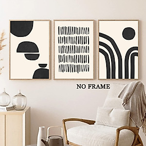 Black and White Abstract Wall Art Boho Line Abstract Drawings Poster Black Stroke Painting Beige Black Abstract Shapes Canvas Modern Geometric Pictures Abstract Line Artwork Print 16x24inchx3 No Frame
