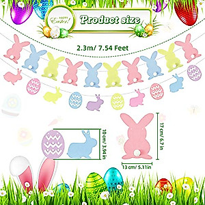 4 Sets Easter Bunny Banner, Rabbit and Easter Eggs Bunting Banner, 10 Non-woven Pennant Flags, Easter Felt Ball Garlands, Easter Pom Pom Garland Hanging Decoration for Indoor Outdoor Garden