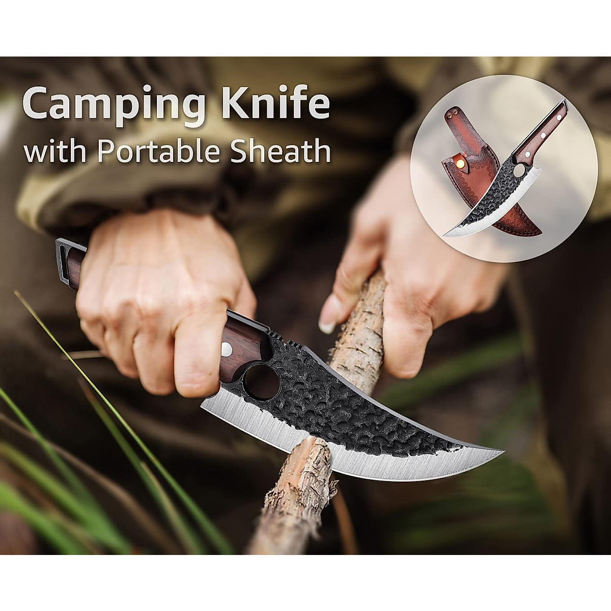 TOMBRO Huusk Knife Forged Viking Knives Sharp Boning knife, Handmade Caveman Knife, High Carbon Steel Butcher Knives with Sheath, Japanese Chef Knife for Kitchen, Camping