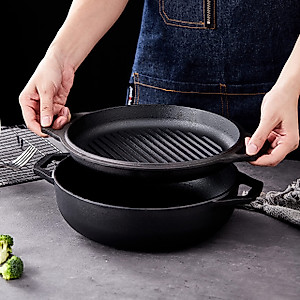 Bruntmor 2-in-1 Pre-Seasoned Cast Iron Dutch Oven with dual handles, Cocotte Double Braiser Pan with Grill Lid 3.3 Quarts - BBQ Grill, Fryer - Outdoor Cookware Set with Dual Handles, Camping,- Black