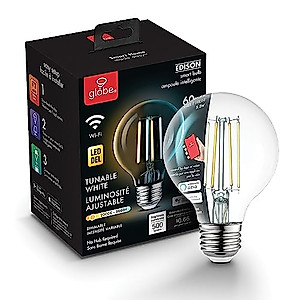 Globe Electric 34920 Wi-Fi Smart 5.5W (60W Equivalent) Straight Filament Tunable White Clear LED Light Bulb, No Hub Required, Voice Activated, 2000K - 5000K, Vintage Edison Style, G25 Shape, E26 Base