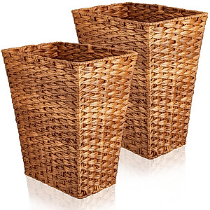 Dandat 2 Pieces Small Woven Basket Trash Can Bathroom Waste Baskets Decorative Rectangular Trash Basket Bin Plastic Woven Garbage Can Wastebasket for Home Laundry Kitchen Bedroom Office Craft (Brown)