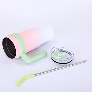 Taumy Large capacitly stainless steel drinking cup with handle and straw, Reusable, Easy to clean, Leak-proof andinsulated travel mug (Pink)