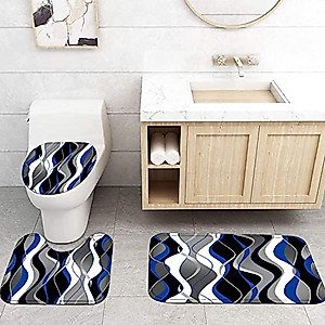 Nkzply 4 Pcs Blue and Black Striped Shower Curtain Set Grey and White Bathroom Sets with Shower Curtain and Rugs Modern Home Bathroom Decor Shower Curtains with Rugs and Toilet Lid Cover