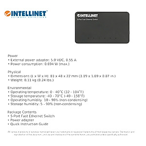 MANHATTAN Intellinet 5-Port Fast Ethernet Network Switch - Ethernet Splitter - Unmanaged | Plug & Plug| - for Computer Networking Hub, Desktop – 3 Mfg Yr Warranty – 561723