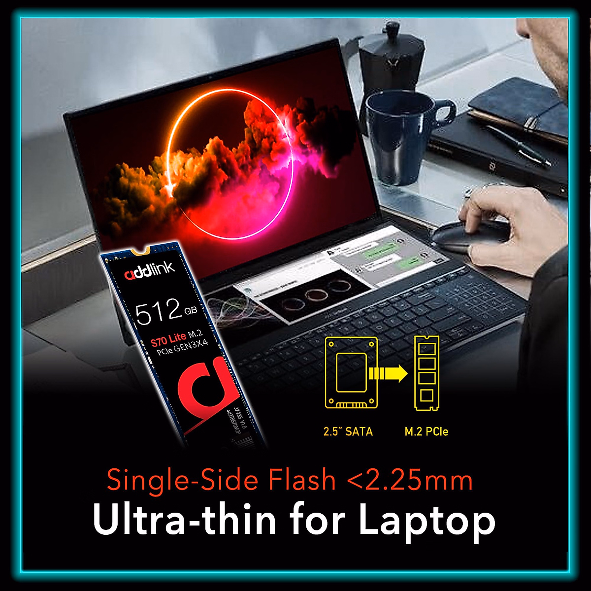 Addlink S70 Lite 512GB Ultra Durability Gaming SSD Maximum Speed 3000 MB/s Internal Solid State Hard Drive - M.2 2280 PCIe 3.0 NVMe Gen3X4 3D NAND SSD (ad512GBS70LTM2P)