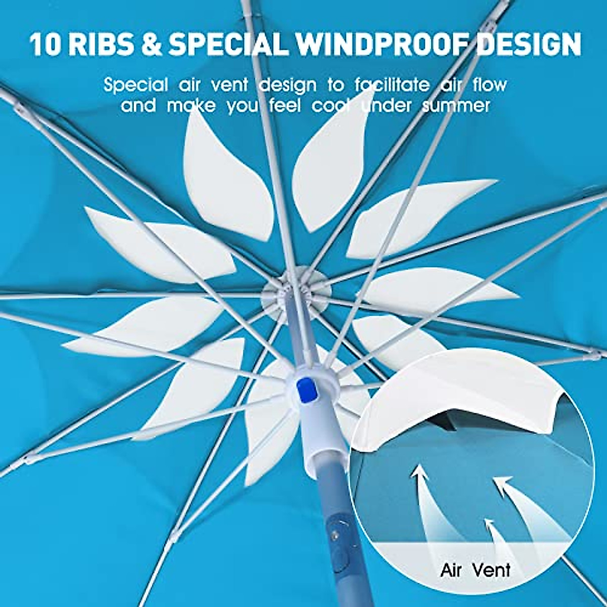 Portable Beach Umbrella for Sand: 7FT Arc Length 6.5FT Diameter Outdoor Umbrella with Anchor Heavy Duty and Adjustable Tilt Pole - UV 50+ Windproof Beach Umbrella with Carry Bag for Beach, Patio, Garden