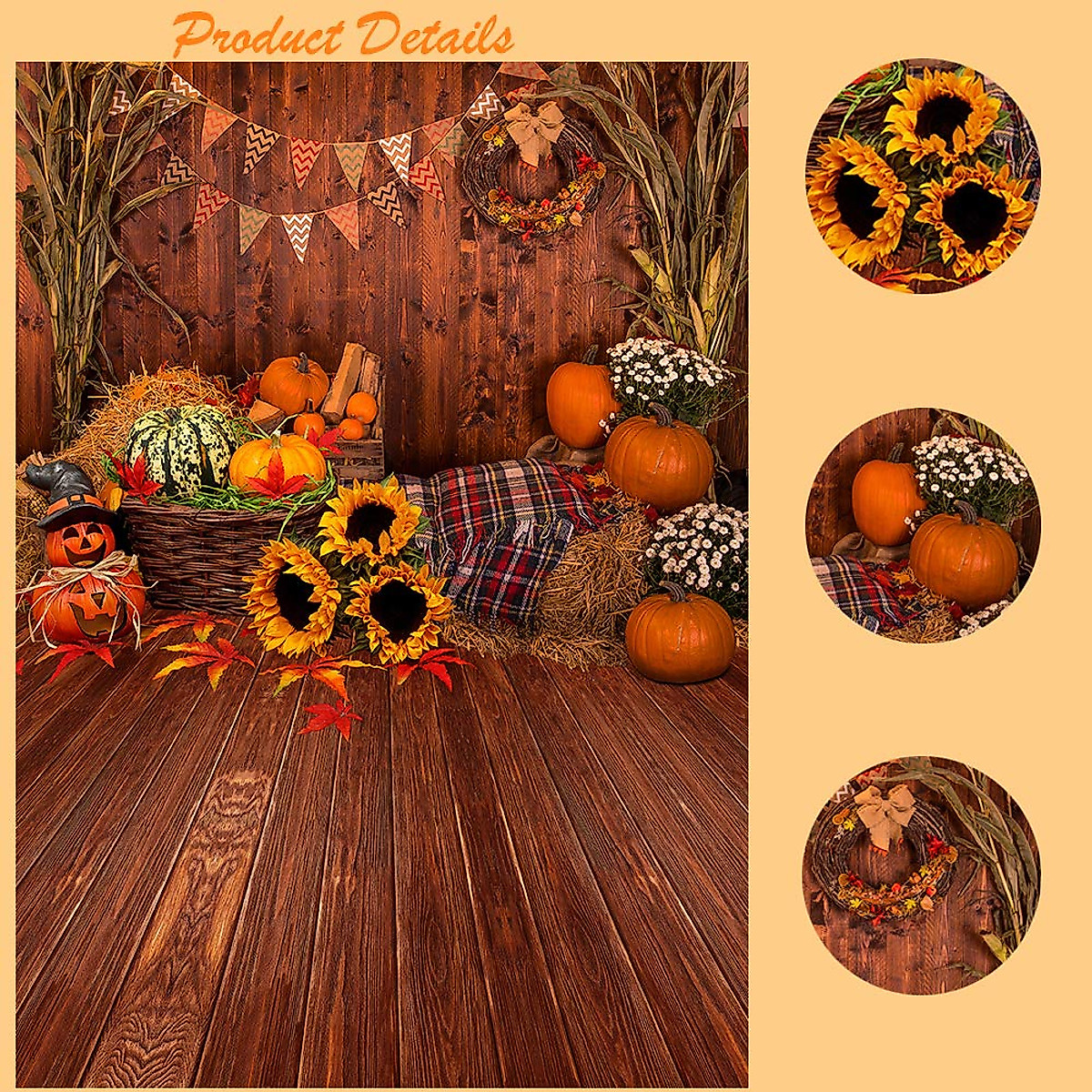 OUYIDA 5X7FT Fall Thanksgiving Wooden Floor Barn Autumn Pumpkins Maple Leaves Sunflower Baby Portrait Party Halloween Decoration Vinyl Photography Backdrop Photo Booth Background Studio Prop TP295