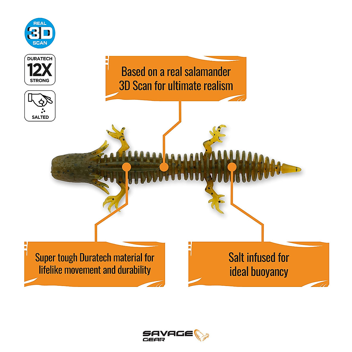 Savage Gear NED Salamander Fishing Bait, Green Pumpkin, Realistic Contours, Colors & Movement, 12x Tough Duratech Construction, Salt & Scent Infused