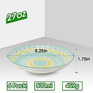 Farielyn-X Large Salad Pasta Bowls Set of 6, Wide and Shallow Porcelain Dinner Bowl/Dishes, 27 oz Assorted Patterns Serving Plates and Bowls for Pasta, Salad, Cereal, Soup, Microwave & Dishwasher Safe