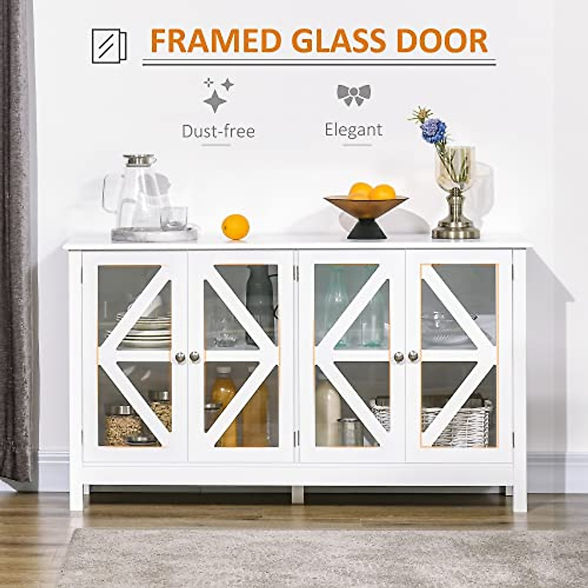 HOMCOM Sideboard, Buffet Cabinet with Tempered Glass Doors and Adjustable Storage Shelf, Credenza, White