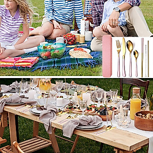 AARAINBOW 7 Pieces Stainless Steel Flatware Set Portable Reusable Cutlery Set Travel Utensils Set Including Chopsticks Knife Fork Spoon Straws Cleaning Brush Dishwasher Safe (7 Pink Golden)