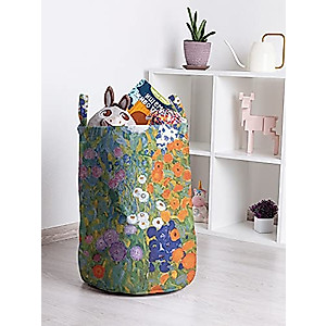 Ambesonne Artwork Laundry Bag, Spring Flowers Garden Bed with Peony Impressionist Style Print, Hamper Basket with Handle Drawstring Closure for Laundromats, 13" x 19", Vermilion Pale Olive