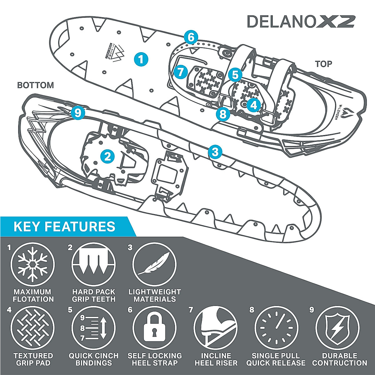 Wildhorn Delano Lightweight Snow Shoes for Mens- Snowshoes for Women and Youth, Fully Adjustable Bindings, 22/28 Premium Aluminum Frame, Snowshoes with Steel Grip Crampons