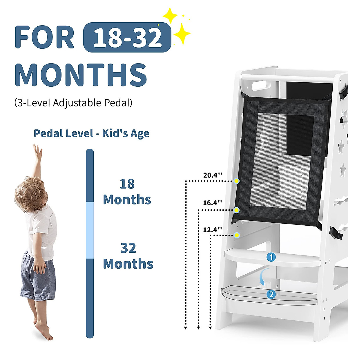 TOETOL Bamboo Toddler Kitchen Stool for Kids Step Stool - White Little Helper Tower Adjustable Height with Learning Black & White Activity Board1