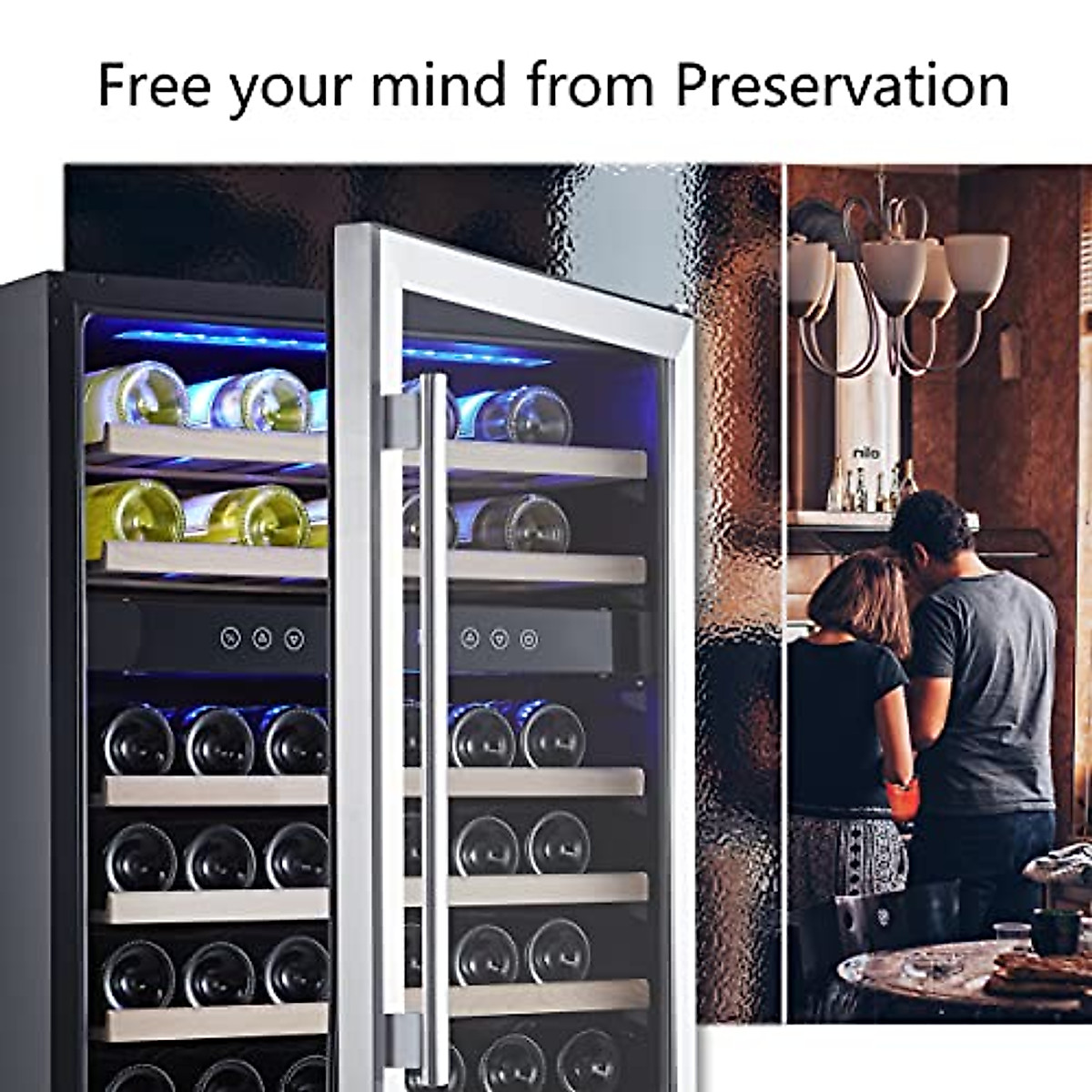 Kalamera 24'' Wine Cooler Refrigerator 46 Bottle Dual Zone Built-in or Freestanding Fridge with Stainless Steel & Triple-Layer Tempered Reversible Glass Door and Temperature Memory Function
