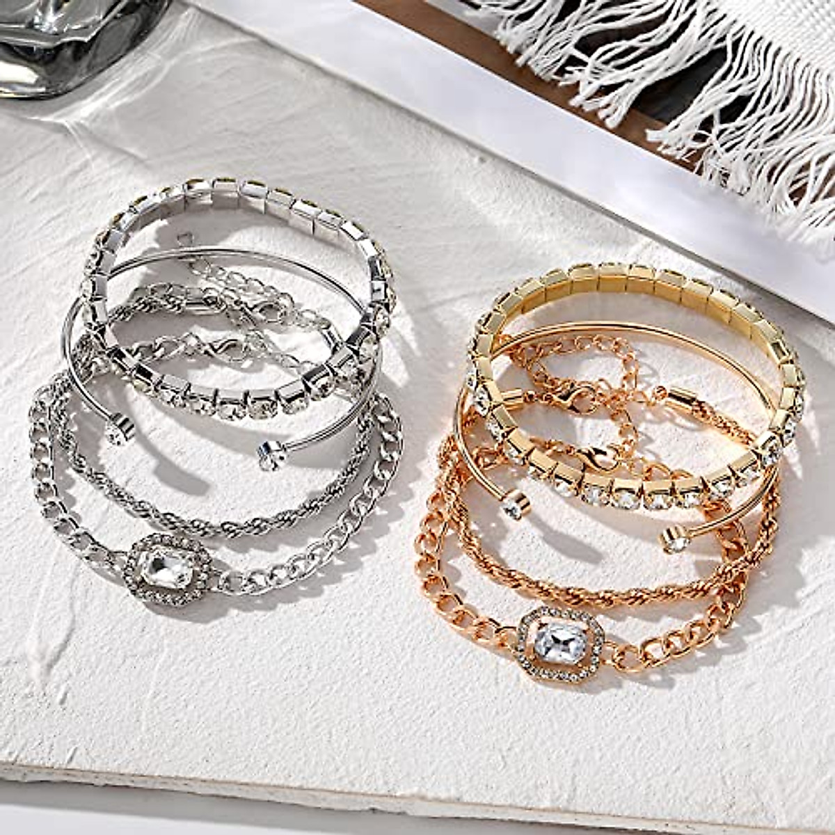 IFKM Gold Bracelet For Women Girls Dainty 14k Gold Plated Bangle Bracelets Set Adjustable Tennis CZ Twisted Chain Link Bangle Bracelet Layered Charm Jewelry Gift For Anniversary (Gold)