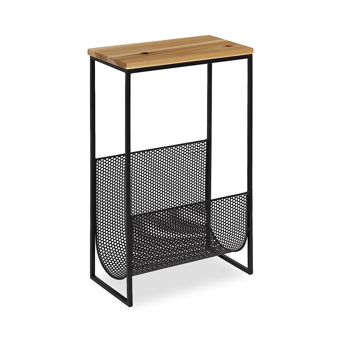 Kate and Laurel Galen Accent Side Table and Magazine Rack with Natural Wood Top and Black Metal Base
