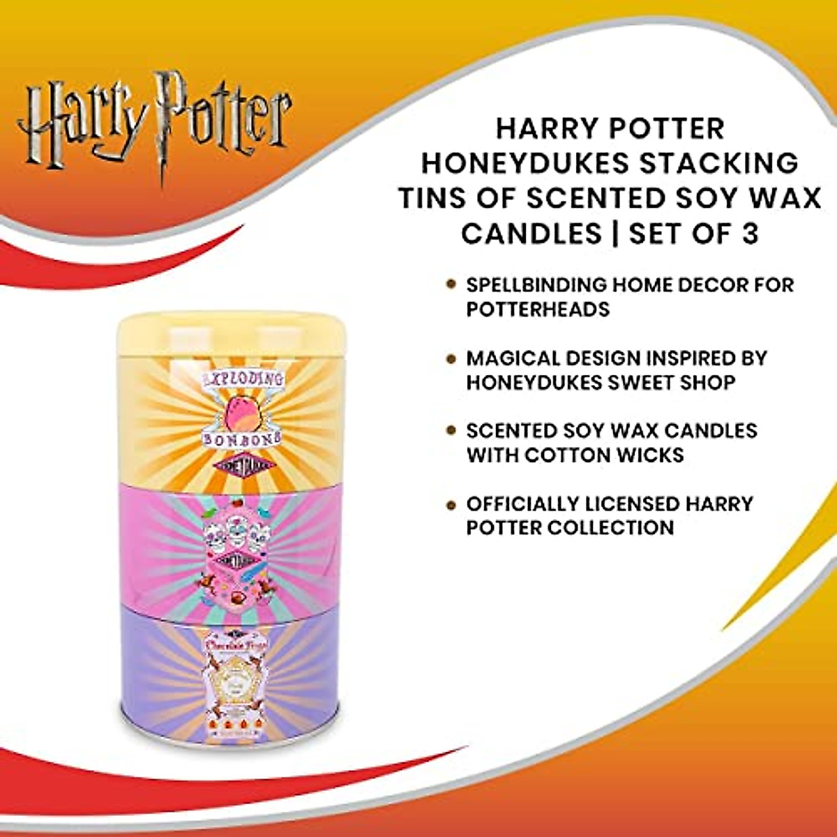 Harry Potter Honeydukes Stacking Tins Of Scented Soy Wax Candles, Set of 3 With Unique Fragrances | 25-Hour Burn Time For Cleansing | Home Decor Housewarming Essentials, Wizarding World Hogwarts Gifts