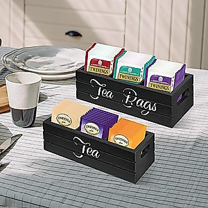 Tea Bag Organizer Set of 2, Wooden Tea Box with Handle, Tea Bag Holder for Tea Storage, Coffee Bar Accessories and Organizer, Tea Caddy Chests Container for Counter Cabinet, Sugar Packet Holder(Black)