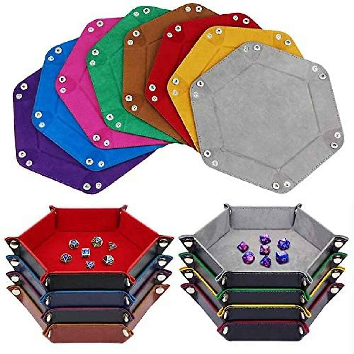 K.T. Fancy Dice Tray 6 Pieces Folding D&D Dice Tray Dice Holder Storage Box for Rolling Dice Games Metal Dice Rolling Tray PU Leather and Velvet