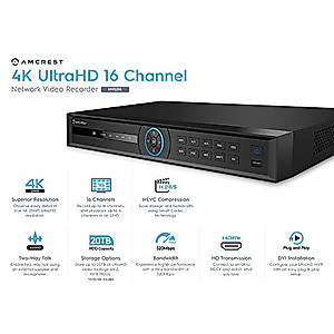 Amcrest 5Series 4K NVR 16-Channel NV5216 16CH (Record 16CH 4K @30fps, View/Playback 4CH 4K @30fps) Network Video Recorder - Supports up to 2 x 10TB Hard Drive (Not Included) (No PoE Ports Included)
