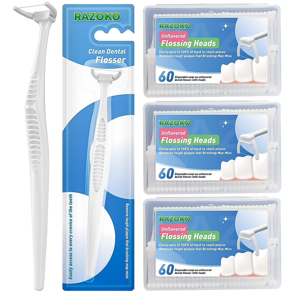 RAZOKO Dental Floss Picks, Clean Dental Flossers Kit with 2 Handle and 180 Extra Strength Refills
