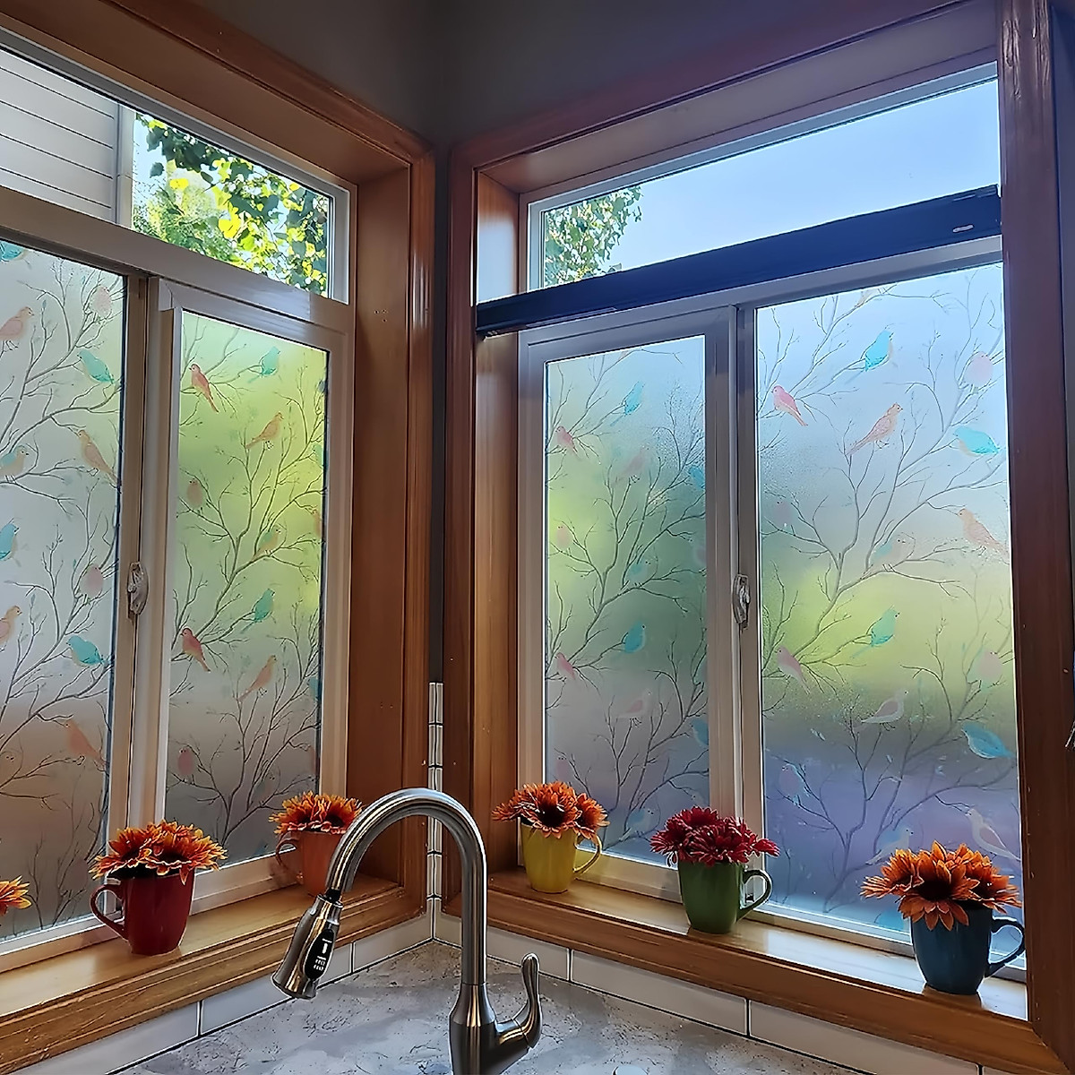 Coavas Window Privacy Film Stained Glass Window Decals Heat Blocking Frosted Birds Window Clings Decorative Bathroom Window Stickers Door Window Coverings for Home 17.8" x 78.7" Translucent