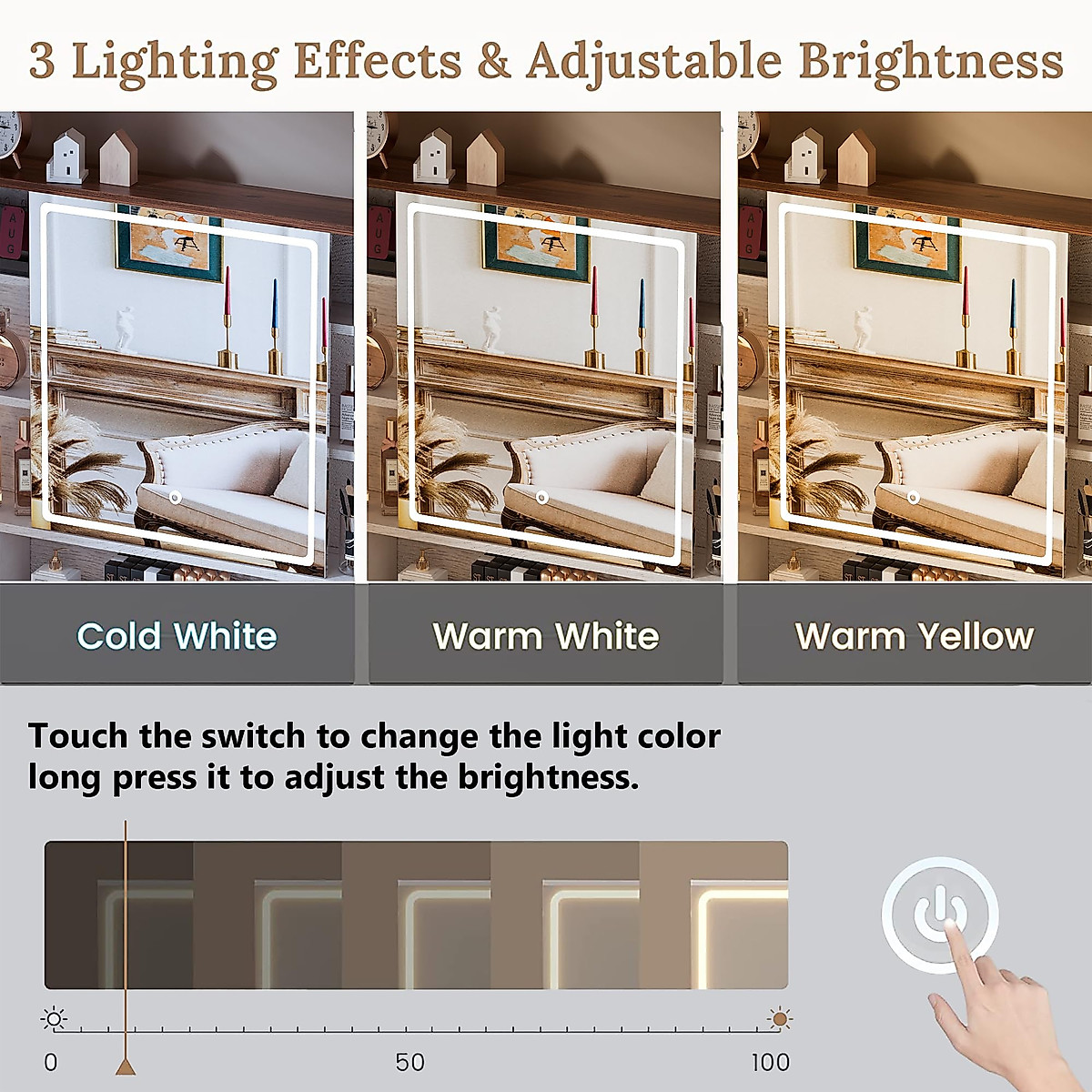 PAKASEPT Vanity Desk with Sliding Mirror and Lights, Glass Tabletop Makeup Vanity with 3 Lighting Modes, White Vanity Table with Power Strip&Hooks, Hidden Shelves, Girls Bedroom Vanities Set