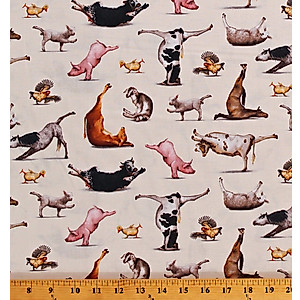 Cotton Farm Animals Doing Yoga Stretching Pigs Cows Chickens Barnyard Yoga is for Everyone Cotton Fabric Print by The Yard (D669.44)