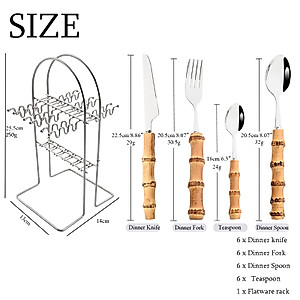 Snplowum 24-Piece Bamboo Flatware Set, Silver Stainless Steel Tableware Set With Cutlery Holder, Kitchen Utensils For Home And Restaurant Daily Use, Mirror Polish, Service For 6