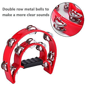 HZSOOCH 2 Pack Double Row Tambourine Half Moon Handheld Tambourine Metal Jingles Hand Held Percussion Instrument for Kids and Adults (Red and Blue)
