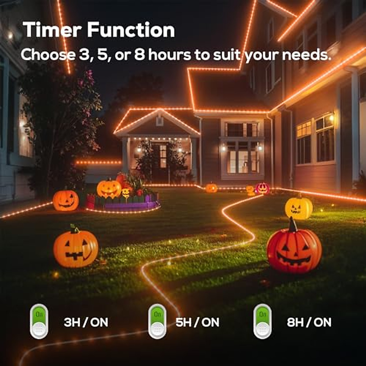 ICRGB Solar Halloween Lights, 66FT 200 LED Outdoor Rope Lights, IP67 Waterproof, 8 Modes Christmas String Lights for Outside, Tree Pathway Autumn Decorative