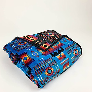 Sacred Thread Fleece Blanket, Southwestern Aztec Queen Blanket, Native American Throw Blanket for Sofa, Couch and Bed, Reversible Winter Blanket (Blue Flannel/Flannel 40x60)