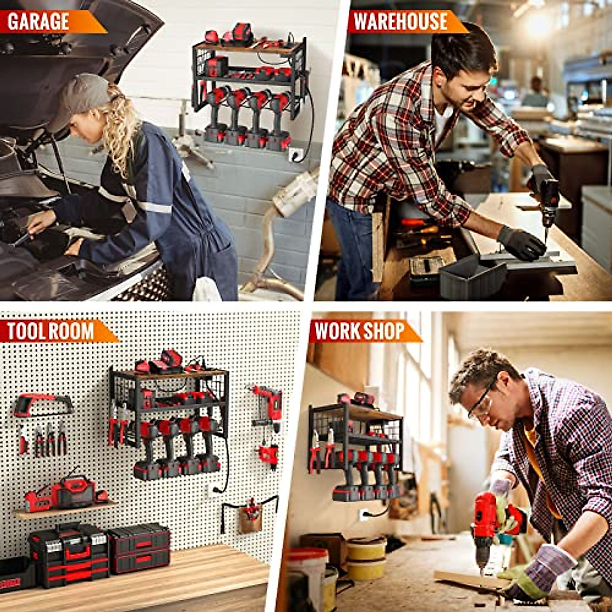 Power Tool Organizer with Power Strip - Garage Organization and Storage Built in 3 AC Outlets | Drill Holder Wall Mount | Drill Charging Station for Garage, Workshop